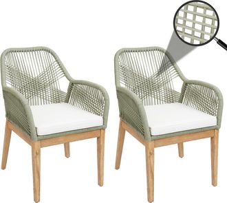 Mendler 2er-Set Gartenstuhl HWC-H56b, Sessel Outdoor, wetterfest Seilgeflecht Rope Holz Akazie - grün Kissen Creme