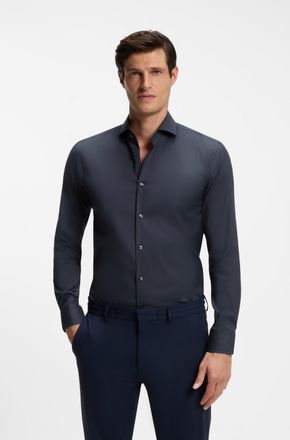 HUGO BOSS Businesshemd BOSS, Herren, Gr. 42, N-Gr, schwarz (navy410), Web, Obermaterial: 75% Baumwolle, 20% Polyamid, 5% Elasthan, unifarben, slim fit normal, R