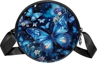 Generic Sac &agrave; bandouli&egrave;re rond pour femme, motif papillons bleus, fleur, petit sac &agrave; bandouli&egrave;re avec fermeture &eacute;clair, bretelles r&eacute;glables, sac &agrave; main rond d