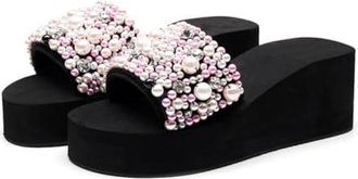 BESTONZON Garneck Pantoufles Compensées dÉté Femme 6 CM Rose à Semelle Antidérapante Sandales Épaisses Perles Synthétiques Chaussures de Plage Confortables et É