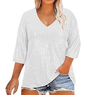 Generic Haut surdimensionn&eacute; &agrave; paillettes &agrave; manches 3/4 pour femme - T-shirt pour femme - Costumes de carnaval - Paillettes scintillantes - &Eacute;l&eacute;gant - D&eacute;contrac