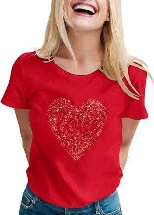 Generic T-shirt graphique &agrave; manches courtes pour la Saint-Valentin 2026 pour femme avec imprim&eacute; coeur, Rouge, S