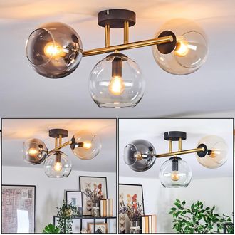 HOFSTEIN Deckenleuchte Koyoto, 3-flammige Deckenlampe aus Metall/Glas in Schwarz/Gold/Bernstein/Rauch/Klar, Leuchte im Vintage-Design (&Oslash; Schirme 15 cm), E14, E