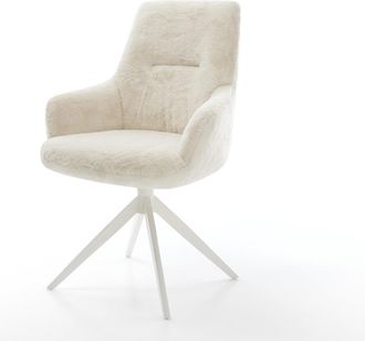 DELIFE Drehstuhl Zelia-Flex mit Armlehnen Plüsch Creme-Weiß Kreuzgestell breit Weiß 360° drehbar Wippfunktion Taschenfederkern, Esszimmerstühle