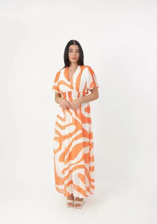 Elara Maxikleid - Sommerkleid Wickeloptik mit grafischem Muster und Smoktaille