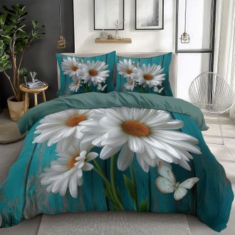Generic Bettwäsche 155 x 220 cm Blau, Bettbezug 3D Blumen Insekten Schmetterlinge Muster Reversibel Atmungsaktiv Microfaser Kind Bettwaren-Set mit Reißverschl