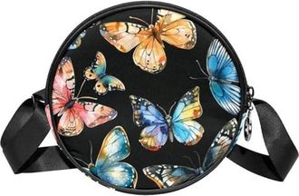 Generic Sac &agrave; bandouli&egrave;re rond pour femme, motif papillons aquarelle, petit sac &agrave; bandouli&egrave;re avec fermeture &eacute;clair, bretelles r&eacute;glables, sac &agrave; main rond d&eacute;co