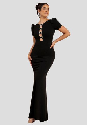 Goddiva Maxikleid Diamante Embellished Heart Brooch Scuba Maxi Dress langes Kleid