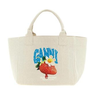 Ganni Strawberry Print Canvas Tote Bag - - Bags - Damen - Beige - ONE SIZE
