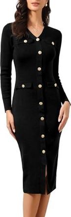 Allegra K Robe Pull Moulante Femme 2025, Col en V, Manches Longues, Boutonnée, Robe Mi-Longue en Tricot Noir L