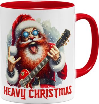 OM3 Heavy Christmas Kaffee-Tasse Lustige Weihnachtstasse f&uuml;r Rocker & Heavy Metal Fans - Santa mit Teufelsgru&szlig; - Keramik Becher - 325ml - Beidseitig Bedru
