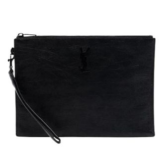 Saint Laurent Sac pochette en cuir gaufr&eacute; doccasion - Femme - Pre-owned - Noir - Taille: ONE Size