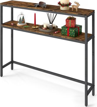 Vasagle Konsolentisch, schmaler Sofatisch mit 2 Ablagen, 20 x 100 x 80 cm, Flurtisch, 2 Ebenen, f&uuml;r Flur, Wohnzimmer, Schlafzimmer, vintagebraun-tintenschwarz