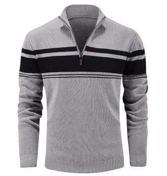 Magcomsen Herren Pullover mit Reißverschluss Fleecepullover Feinstrick Strickpullover Warm Langarmshirt, Hellgrau-Schwarz, XXL