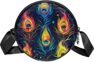 Generic Sac &agrave; bandouli&egrave;re rond rond pour femme, motif plumes de paon, avec fermeture &eacute;clair, bretelles r&eacute;glables, style d&eacute;contract&eacute;