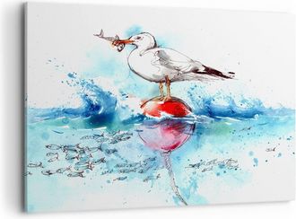 Arttor Bilder auf Leinwand 100x70cm Leinwandbild Wasser Fische Möwe hungrig Groß Wanddeko Bild Schlafzimmer Küche Deko Wandbilder Dekoration Wohnzimmer Wall 