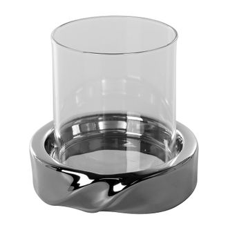 Fink kleines Windlicht 10x11 cm mit Glaszylinder & silbernem Keramiksockel - dekorativer Teelichthalter f&uuml;r Tisch, Sideboard & Fensterbank - als kleine Blu