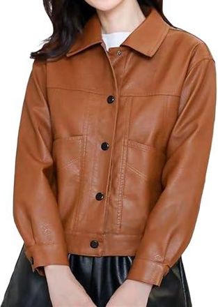 Generic Veste de moto courte en cuir synth&eacute;tique pour femme avec fermeture &eacute;clair sur le devant, marron, 3XL
