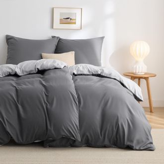 Bedsure Bettwäsche 135x200 4teilig Grau/Anthrazit- Bettwäsche-Sets Bettbezug 135 x 200 cm 2er Set mit 2 Kissenbezüge 80x80 cm, Oeko-TEX Wendebettwäsche Beddin