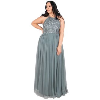 Maya Damen Abendkleid Pailletten Cocktailkleid Tüllkleid Kleid Nackenband Elegant Für Hochzeit Brautjungfernkleid Bridesmaid Dress, Misty Green, 36 EU