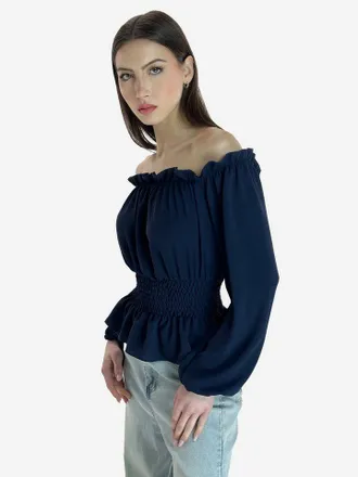 Elara Langarmbluse - Damen Off-Shoulder Bluse mit Smoktaille, R&uuml;schen & Langarm