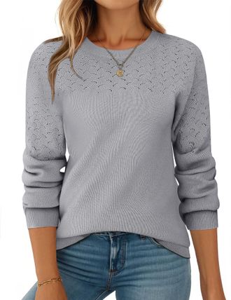 Zeagoo Pullover Damen Strickpullover Herbst Winter Pullover Elegant Rundhals Strickpulli Weich Bequem Pulli Stretch Häkel Sweater Grau L