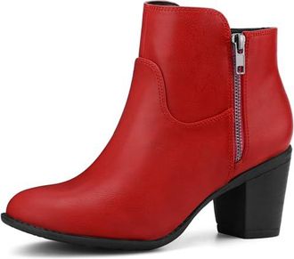 Allegra K Bottes de Cheville zippées Bout Rond Talon épais pour Femmes Rouge 37