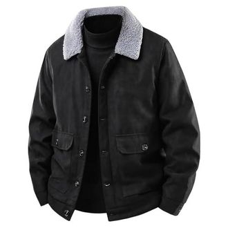 Generic Blouson bomber en daim pour homme, &eacute;pais et confortable, revers chaud, simple boutonnage, couleur unie, manteaux dhiver d&eacute;contract&eacute;s., Noir, XXL