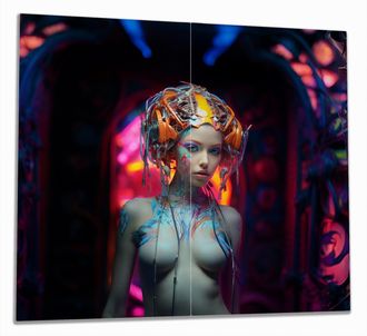 Wallario Herdabdeckplatte/Spritzschutz aus Glas, 2-teilig, 60x52cm, für Ceran- und Induktionsherde, Göttin der Zukunft