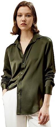 LilySilk Chemise en Soie Pure pour Femme Blouses pour Filles Style Basique Classique Chemise à Manches Longues 10, Olive Foncée