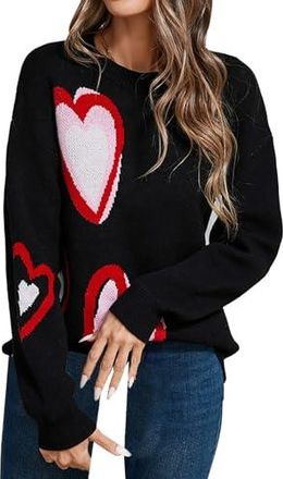 Generic Pull tricot&eacute; pour la Saint-Valentin - Grande taille - Haut &agrave; manches longues - Coupe ample - Doux et confortable - Imprim&eacute; coeur - Pull chaud pour fem