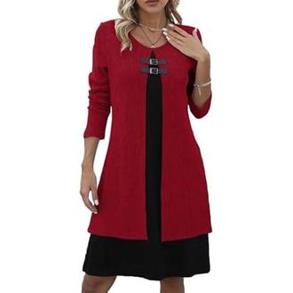 Generic Robe &eacute;vas&eacute;e en tricot c&ocirc;tel&eacute; &agrave; manches longues avec double boucle pour femme - Robe d&eacute;contract&eacute;e &agrave; superpositions pour printemps et automne, rouge fon