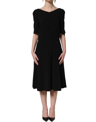 Dolce & Gabbana Womens Black Viscose Short Sleeve A-Line Midi Dress Acetate Elastane