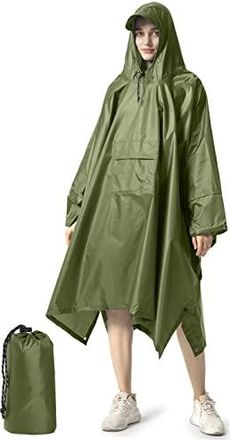 Nuur 3-en-1 Poncho de Pluie pour Femme Homme Unisexe Imperméable Réutilisable Avec Capuche Taille Unique Olive