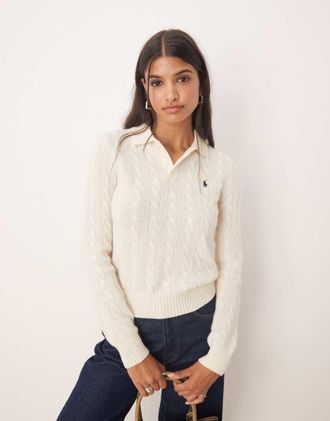 Polo Ralph Lauren Pull en maille torsad&eacute;e avec col - Cr&egrave;me-Blanc