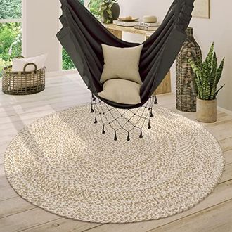 Paco Home Tapis Rond Salon Jute Motif Ethnique Boho Moderne Fait Main Tapis Naturel, Dimension:160 cm Rond, Couleur:Beige