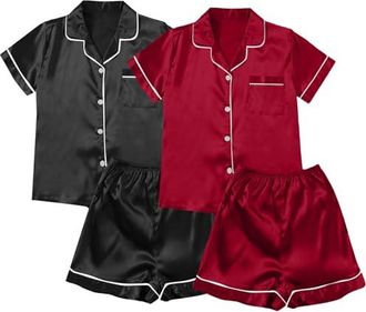 Generic Ensemble de pyjama en satin pour femmes, court, 4 pi&egrave;ces, Ensemble de pyjama en soie pour filles, Set de 4 pi&egrave;ces de v&ecirc;tements de nuit, Ensemble de py