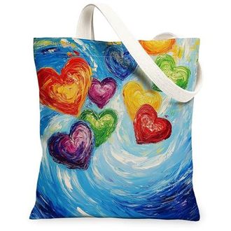 Generic Sacs fourre-tout en toile &agrave; motif de coeurs artistiques, r&eacute;utilisables, vintage, l&eacute;gers, lavables avec bandouli&egrave;re pour voyage, 33 x 38 cm
