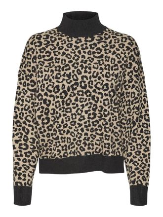 Vero Moda Damen VMARIA Art Batwing Highneck Pullover GA Strickpullover, Black/Detail:W. Silver Mink Leo Print, XS