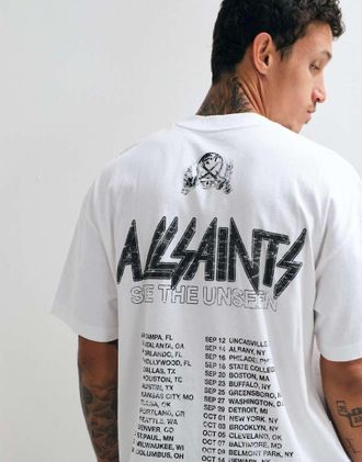 AllSaints Chromium - T-shirt &agrave; manches courtes avec logo graphique et imprim&eacute; au dos - Blanc