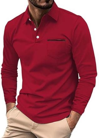 Generic Polo &agrave; manches longues pour homme - Mat&eacute;riau en coton d&eacute;contract&eacute; avec poche sur la poitrine, d&eacute;tail de col &agrave; boutons classique, coupe confortable ada