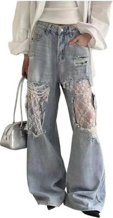 Generic Jeans taille haute pour femme style am&eacute;ricain en dentelle &eacute;piss&eacute;e ample jambe large patchwork denim, bleu, XL