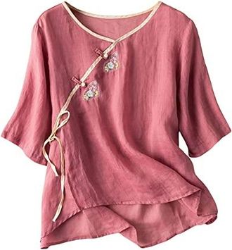 Generic Vimoli Chemisier Femme Vintage Style Ethnique Broderie Imprim&eacute; Floral Haut &agrave; Manches Courtes D&Eacute;t&eacute; D&eacute;contract&eacute;e Col en V Boutons Tunique Top T-Shirt Ch
