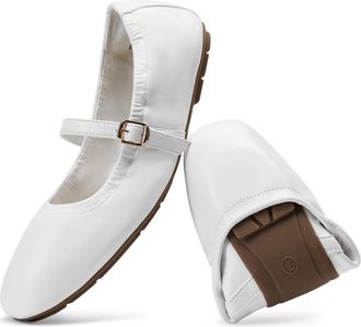 Dream Pairs Damen Ballerinas faltbar Mary Jane Schuhe Trachtenschuhe bequem weich D&auml;mpfung f&uuml;r Partys Reisen den Alltag,Size 41.5,Weiss,DWUMFA2534