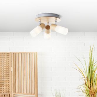 Lightbox 3 flammiges Spotrondell - skandinavischer Decken Strahler mit schwenkbaren Köpfen - 12 cm Höhe - Ø 20 cm - E14 Fassung - max. 3,5 W - aus Metall/Bambu