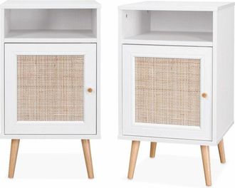 Sweeek Lot de 2 tables de chevet en cannage - Bohème - 40x39x65.8cm Blanc - 2 niveaux - 1 portes - 1 espace de rangement - pieds scandinaves