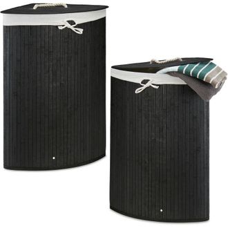 Relaxdays Panier à linge bambou, lot de 2, corbeille linge pliante, 60 l, sac intérieur coton, 65 x 49,5 x 37 cm, noir