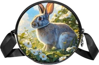 Generic Petit sac &agrave; bandouli&egrave;re circulaire pour femme, motif floral, lapin, sac &agrave; dos &agrave; bandouli&egrave;re avec fermeture &eacute;clair, bretelles r&eacute;glables, sac &agrave; main ron