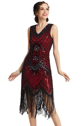 Babeyond Damen Flapper Kleider voller Pailletten Retro 1920er Party Damen Kostüm Kleid Rot, XL