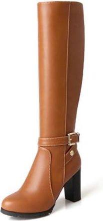 Generic Qynthra Bottes Cheval Femmes Genou Cuir Apparence Boucle Detail Talon Bloc D&eacute;contract&eacute; Quotidien Hiver Marche Confort,Marron,35 EU